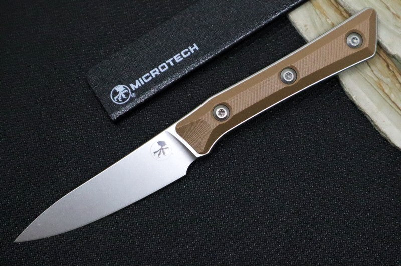 Microtech Paring Knife - M390MK Steel / Stonewashed Finish / Tan G-10 ...